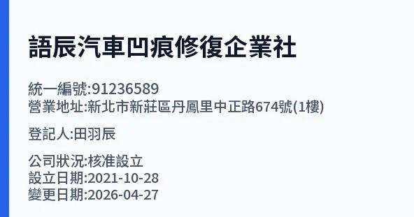 語辰汽車凹痕修復企業社的照片-統編 91236589(新北市) 公司登記資料與營業項目詳細圖表