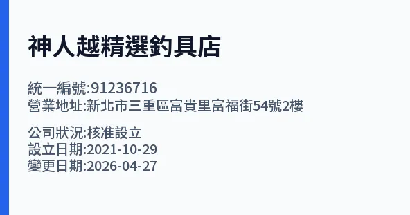神人越精選釣具店的照片-統編 91236716(新北市) 公司登記資料與營業項目詳細圖表