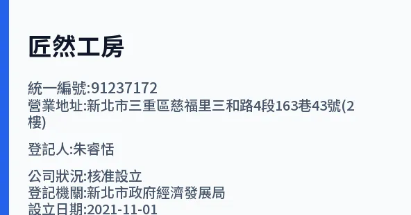 匠然工房的照片-統編 91237172(新北市) 公司登記資料與營業項目詳細圖表