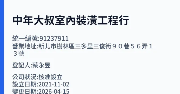 中年大叔室內裝潢工程行的照片-統編 91237911(新北市) 公司登記資料與營業項目詳細圖表