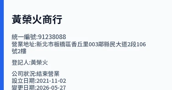 黃榮火商行的照片-統編 91238088(新北市) 公司登記資料與營業項目詳細圖表