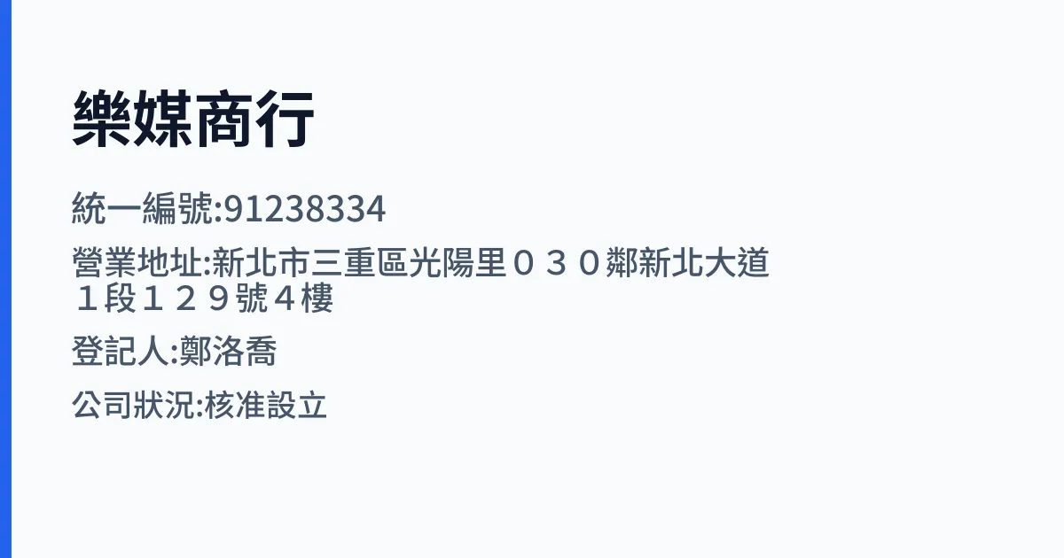 樂媒商行 - 統編 91238334(新北市) 公司登記資料與營業項目詳細圖表