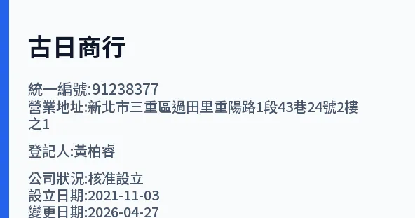 古日商行的照片-統編 91238377(新北市) 公司登記資料與營業項目詳細圖表