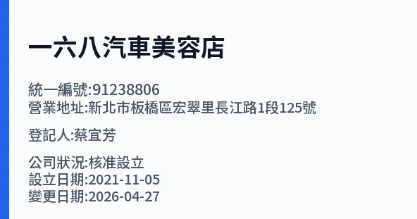 一六八汽車美容店的照片-統編 91238806(新北市) 公司登記資料與營業項目詳細圖表