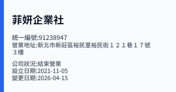 菲妍企業社的照片-統編 91238947(新北市) 公司登記資料與營業項目詳細圖表