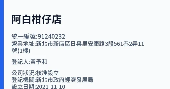 阿白柑仔店的照片-統編 91240232(新北市) 公司登記資料與營業項目詳細圖表