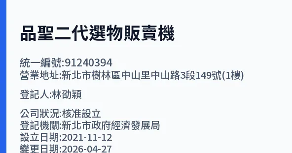 品聖二代選物販賣機的照片-統編 91240394(新北市) 公司登記資料與營業項目詳細圖表