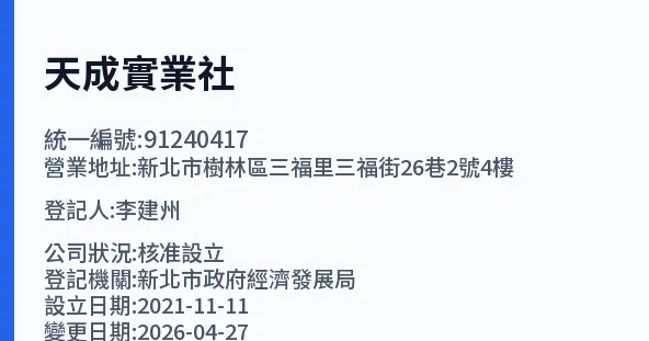 天成實業社的照片-統編 91240417(新北市) 公司登記資料與營業項目詳細圖表