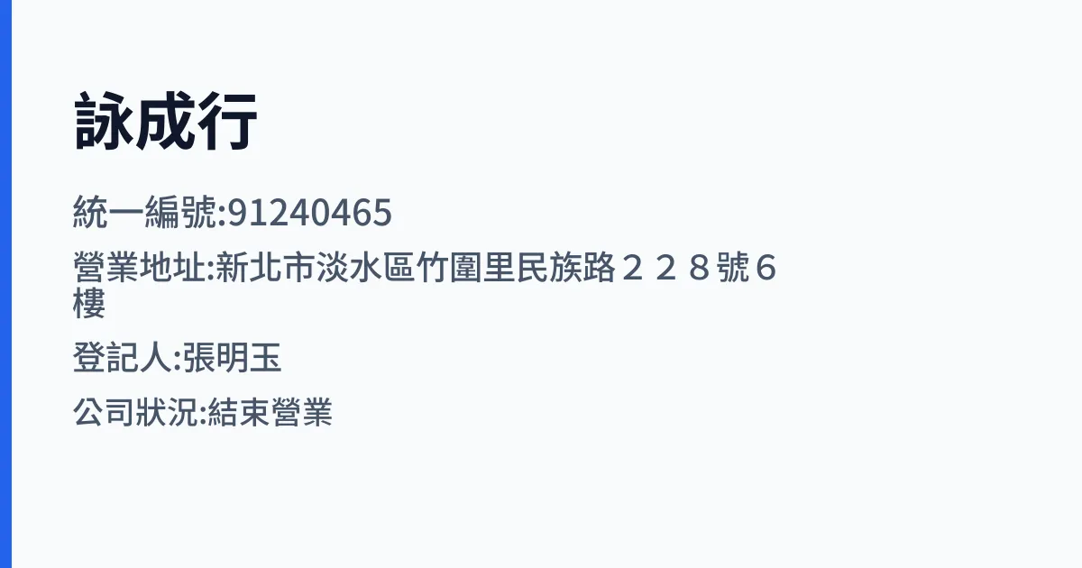 詠成行 - 統編 91240465(新北市) 公司登記資料與營業項目詳細圖表