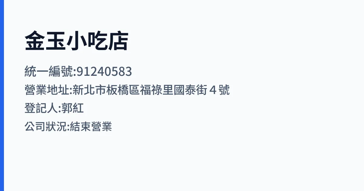金玉小吃店 - 統編 91240583(新北市) 公司登記資料與營業項目詳細圖表