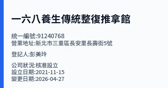 一六八養生傳統整復推拿館的照片-統編 91240768(新北市) 公司登記資料與營業項目詳細圖表