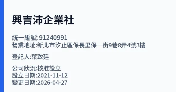 興吉沛企業社的照片-統編 91240991(新北市) 公司登記資料與營業項目詳細圖表