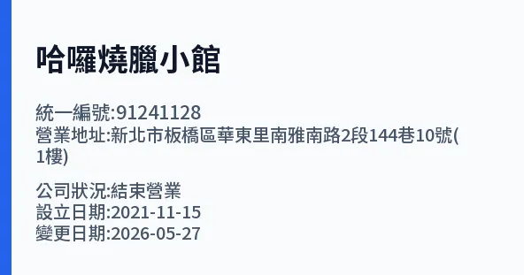 哈囉燒臘小館的照片-統編 91241128(新北市) 公司登記資料與營業項目詳細圖表