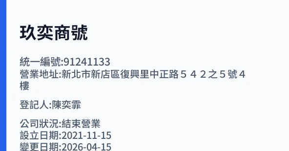 玖奕商號的照片-統編 91241133(新北市) 公司登記資料與營業項目詳細圖表