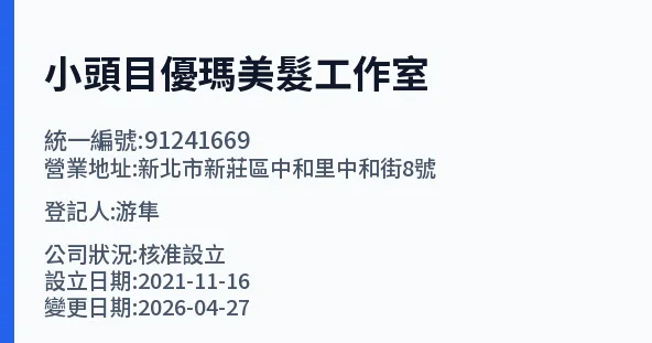 小頭目優瑪美髮工作室的照片-統編 91241669(新北市) 公司登記資料與營業項目詳細圖表