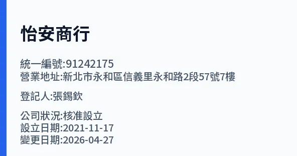 怡安商行的照片-統編 91242175(新北市) 公司登記資料與營業項目詳細圖表
