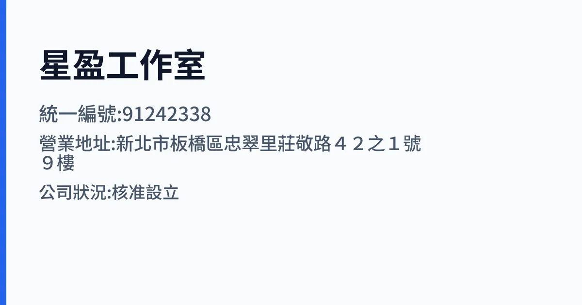 星盈工作室 - 統編 91242338(新北市) 公司登記資料與營業項目詳細圖表