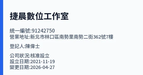 捷晨數位工作室的照片-統編 91242750(新北市) 公司登記資料與營業項目詳細圖表