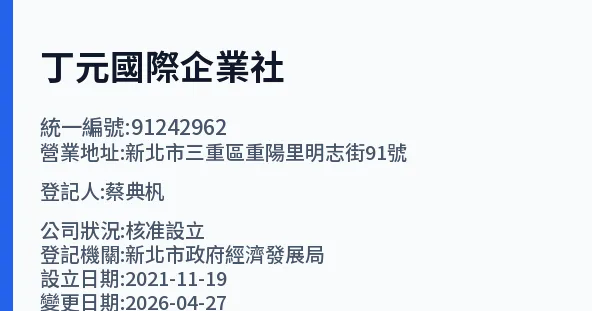 丁元國際企業社的照片-統編 91242962(新北市) 公司登記資料與營業項目詳細圖表