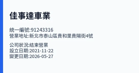 佳事達車業的照片-統編 91243316(新北市) 公司登記資料與營業項目詳細圖表