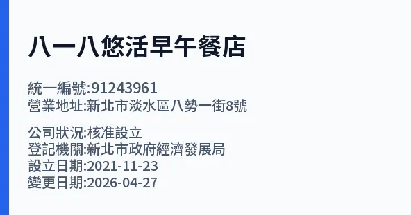 八一八悠活早午餐店的照片-統編 91243961(新北市) 公司登記資料與營業項目詳細圖表