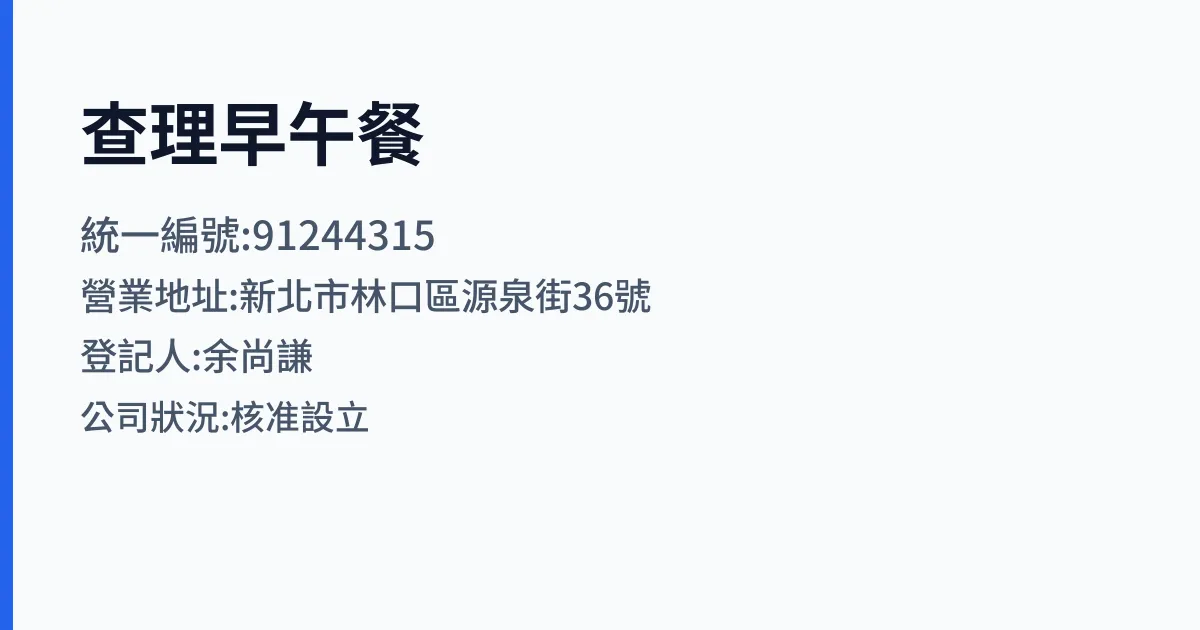 查理早午餐 - 統編 91244315(新北市) 公司登記資料與營業項目詳細圖表