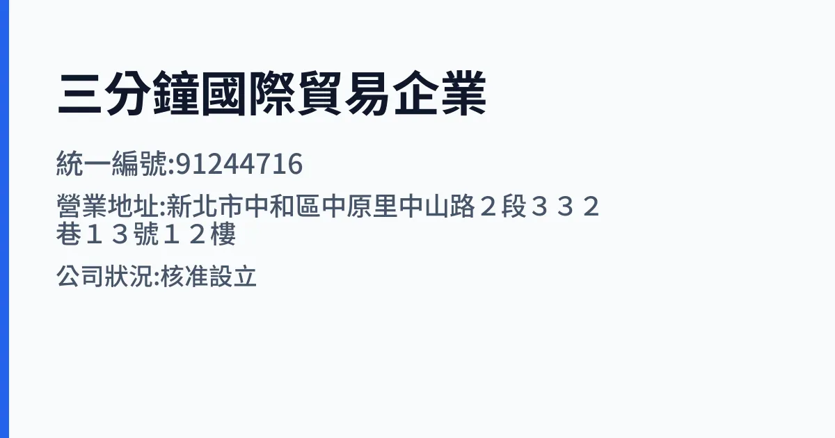 三分鐘國際貿易企業 - 統編 91244716(新北市) 公司登記資料與營業項目詳細圖表