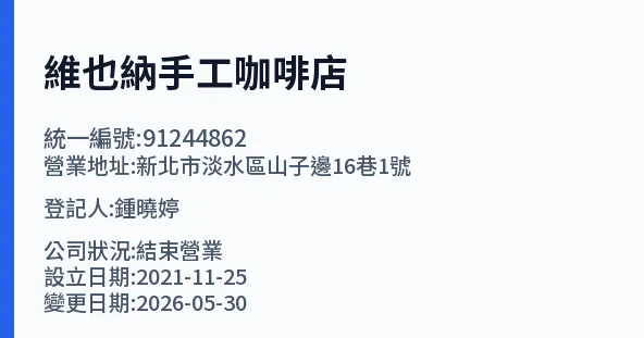 維也納手工咖啡店的照片-統編 91244862(新北市) 公司登記資料與營業項目詳細圖表