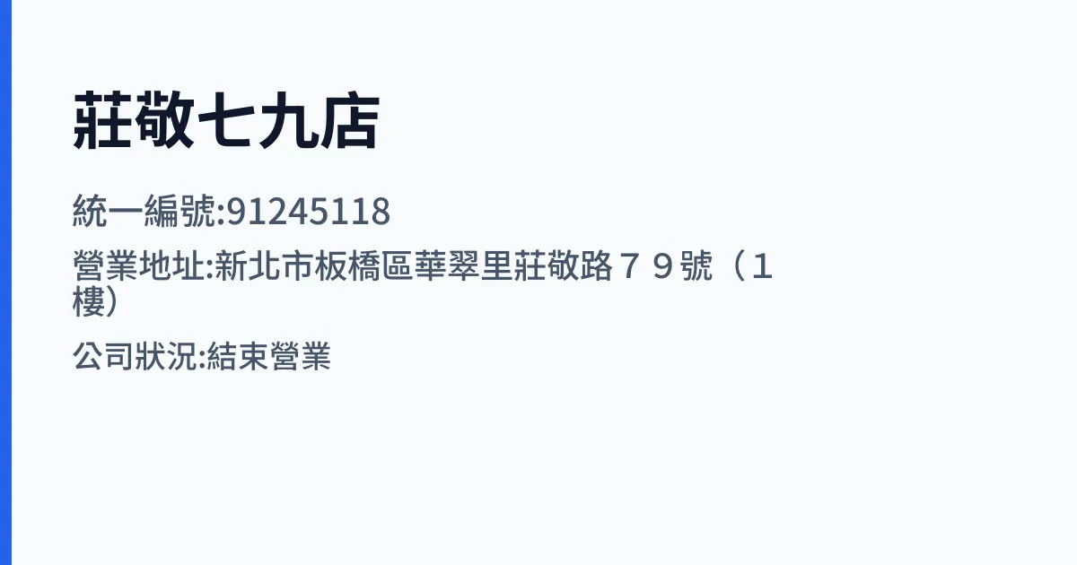 莊敬七九店 - 統編 91245118(新北市) 公司登記資料與營業項目詳細圖表
