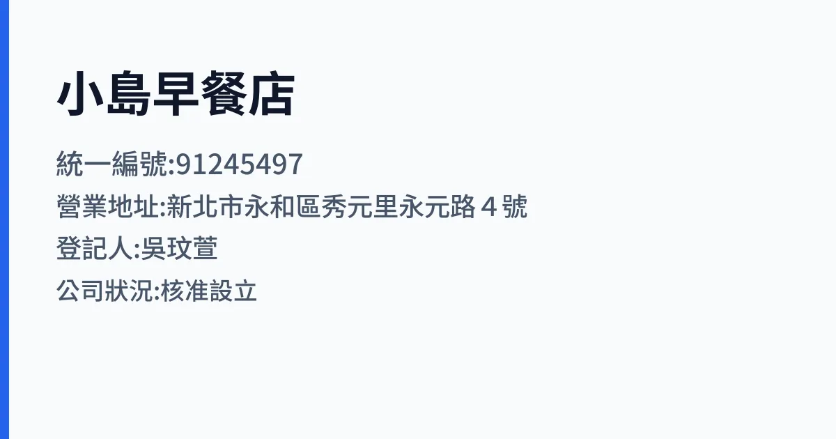小島早餐店 - 統編 91245497(新北市) 公司登記資料與營業項目詳細圖表