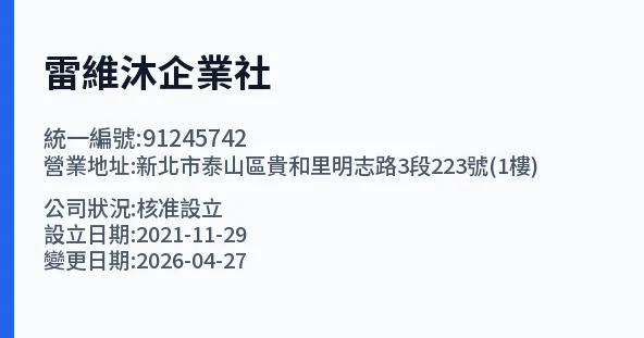 雷維沐企業社的照片-統編 91245742(新北市) 公司登記資料與營業項目詳細圖表