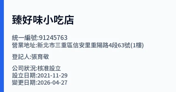 臻好味小吃店的照片-統編 91245763(新北市) 公司登記資料與營業項目詳細圖表