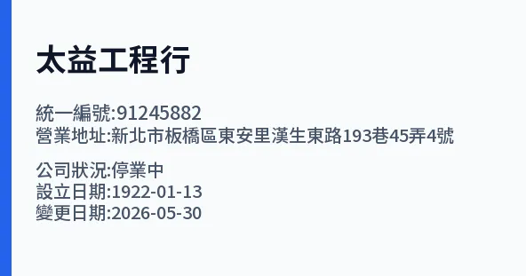 太益工程行的照片-統編 91245882(新北市) 公司登記資料與營業項目詳細圖表