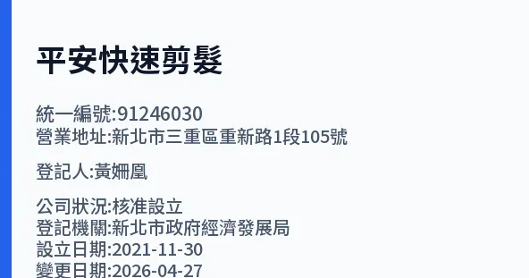 平安快速剪髮的照片-統編 91246030(新北市) 公司登記資料與營業項目詳細圖表