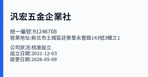 汎宏五金企業社的照片-統編 91246708(新北市) 公司登記資料與營業項目詳細圖表
