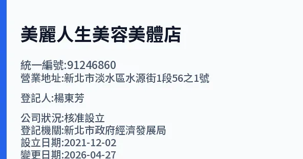 美麗人生美容美體店的照片-統編 91246860(新北市) 公司登記資料與營業項目詳細圖表