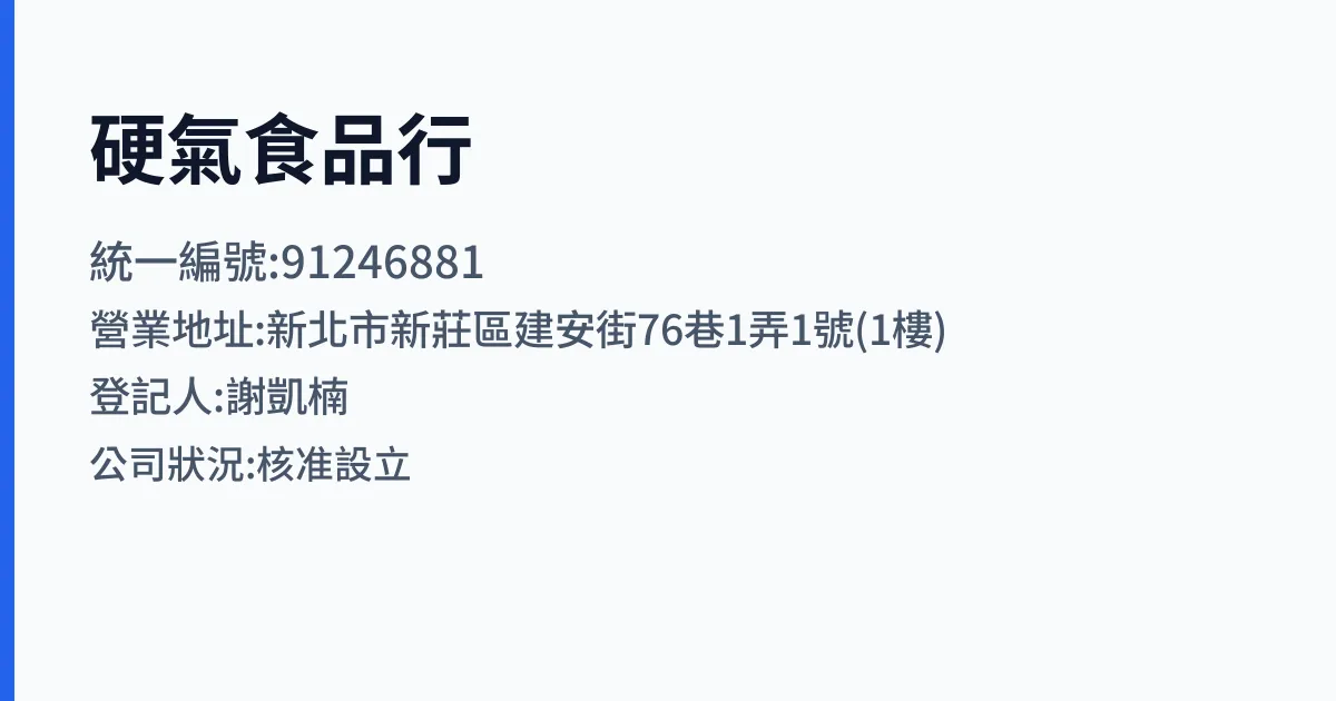 硬氣食品行 - 統編 91246881(新北市) 公司登記資料與營業項目詳細圖表