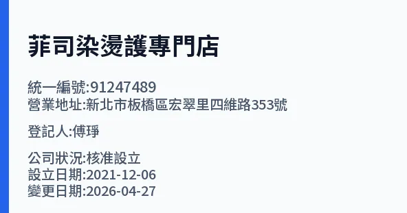 菲司染燙護專門店的照片-統編 91247489(新北市) 公司登記資料與營業項目詳細圖表
