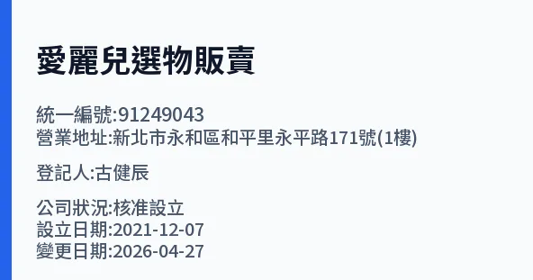 愛麗兒選物販賣的照片-統編 91249043(新北市) 公司登記資料與營業項目詳細圖表