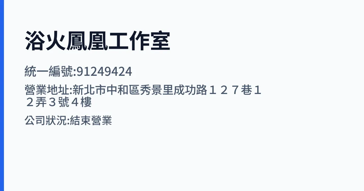 浴火鳳凰工作室 - 統編 91249424(新北市) 公司登記資料與營業項目詳細圖表