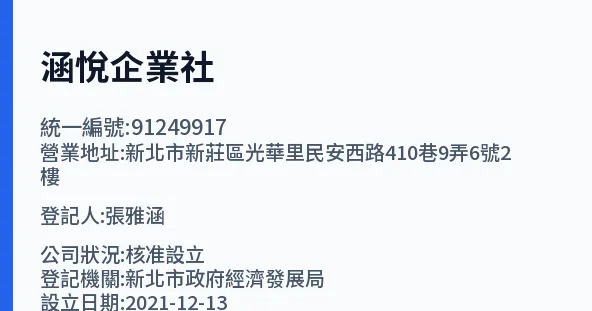 涵悅企業社的照片-統編 91249917(新北市) 公司登記資料與營業項目詳細圖表