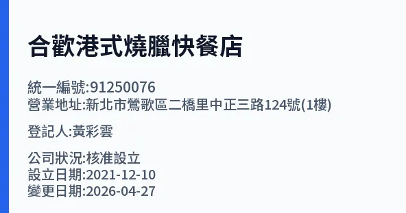合歡港式燒臘快餐店的照片-統編 91250076(新北市) 公司登記資料與營業項目詳細圖表