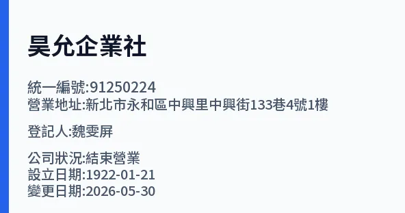 昊允企業社的照片-統編 91250224(新北市) 公司登記資料與營業項目詳細圖表