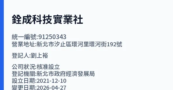 銓成科技實業社的照片-統編 91250343(新北市) 公司登記資料與營業項目詳細圖表
