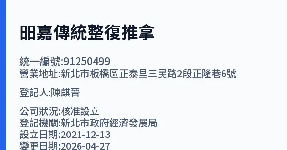 昍嘉傳統整復推拿的照片-統編 91250499(新北市) 公司登記資料與營業項目詳細圖表