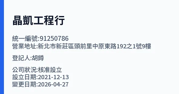 晶凱工程行的照片-統編 91250786(新北市) 公司登記資料與營業項目詳細圖表