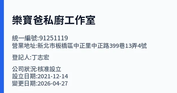 樂寶爸私廚工作室的照片-統編 91251119(新北市) 公司登記資料與營業項目詳細圖表