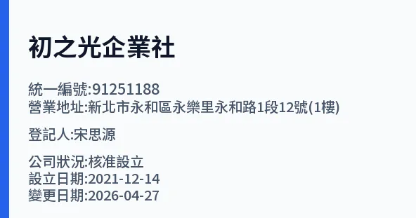 初之光企業社的照片-統編 91251188(新北市) 公司登記資料與營業項目詳細圖表