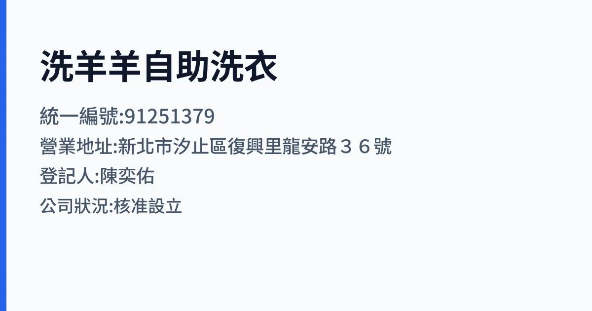 洗羊羊自助洗衣 - 統編 91251379(新北市) 公司登記資料與營業項目詳細圖表