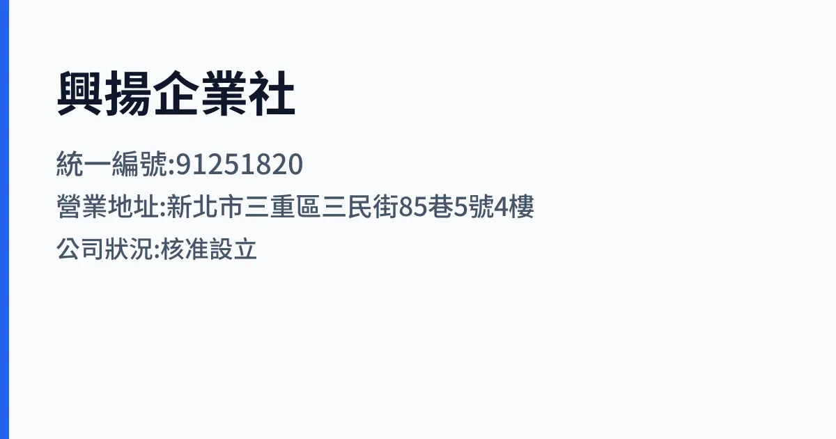 興揚企業社 - 統編 91251820(新北市) 公司登記資料與營業項目詳細圖表